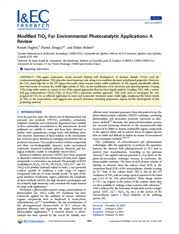 Pdf Modified Tio2 For Environmental Photocatalytic Applications A Review