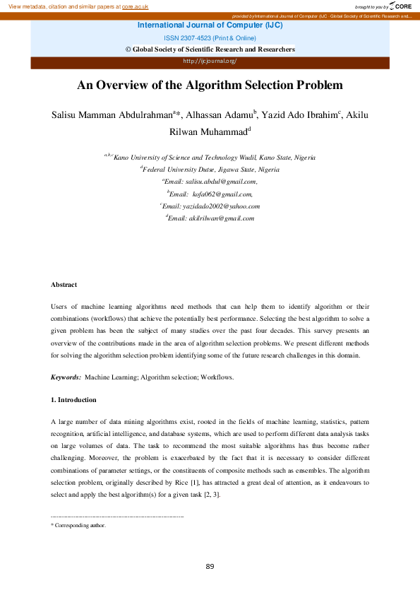 (PDF) An Overview of the Algorithm Selection Problem