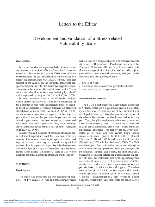 (PDF) Development and validation of a Stress-related Vulnerability Scale