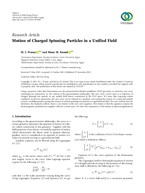 (PDF) Motion of Charged Spinning Particles in a Unified Field