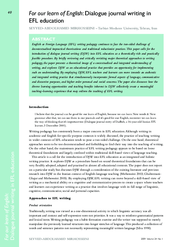 (PDF) For our learn of English : dialogue journal writing in EFL education