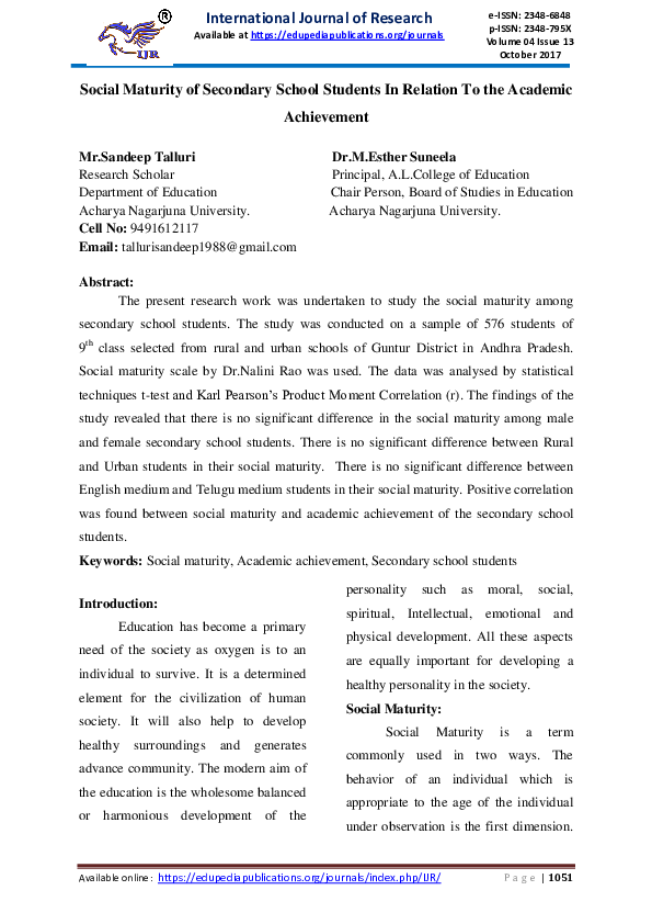 (PDF) Social Maturity of Secondary School Students In Relation To the ...