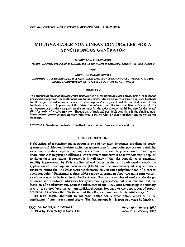 Pdf Multivariable Non Linear Controller For A Synchronous Generator 
