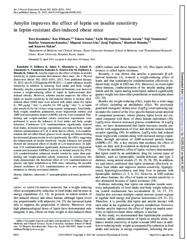 (PDF) Amylin improves the effect of leptin on insulin sensitivity in ...