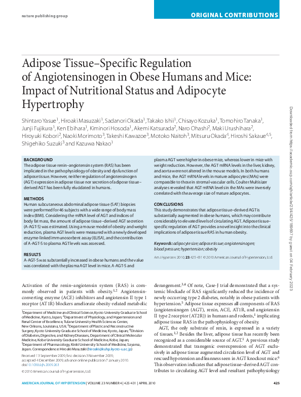 (PDF) Adipose tissue-specific regulation of angiotensinogen in obese humans and mice: Impact of ...