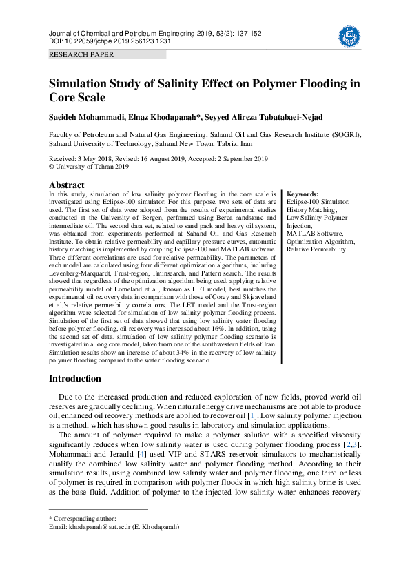 (PDF) Simulation Study of Salinity Effect on Polymer Flooding in Core Scale