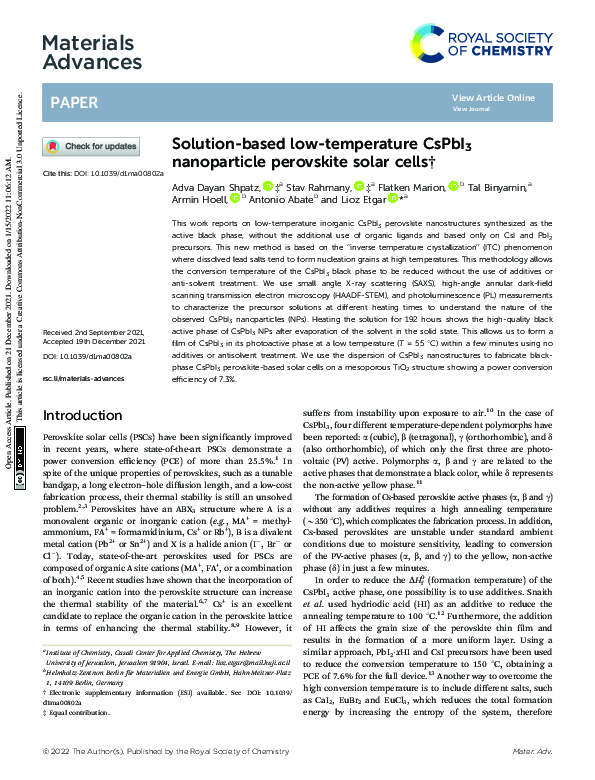 (PDF) Solution-based low-temperature CsPbI3 nanoparticle perovskite solar cells