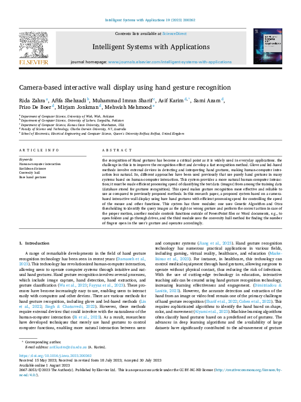 (PDF) Camera-based interactive wall display using hand gesture recognition