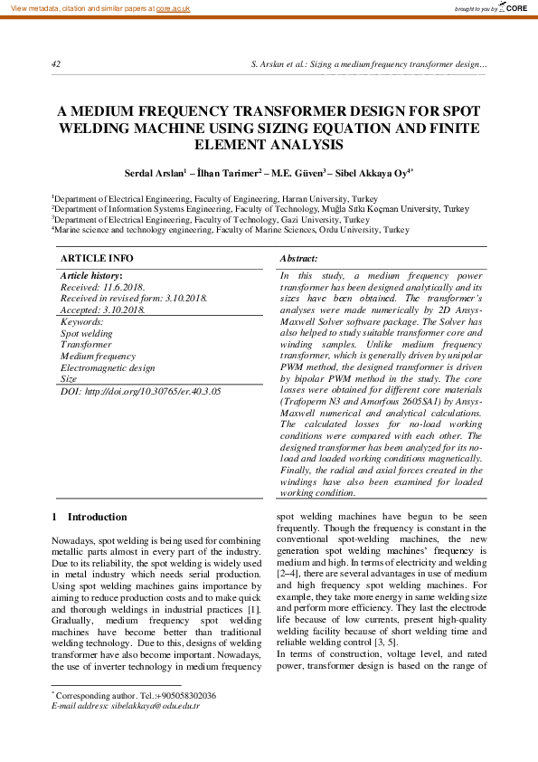 (PDF) A medium frequency transformer design for spot welding machine using sizing equation and ...