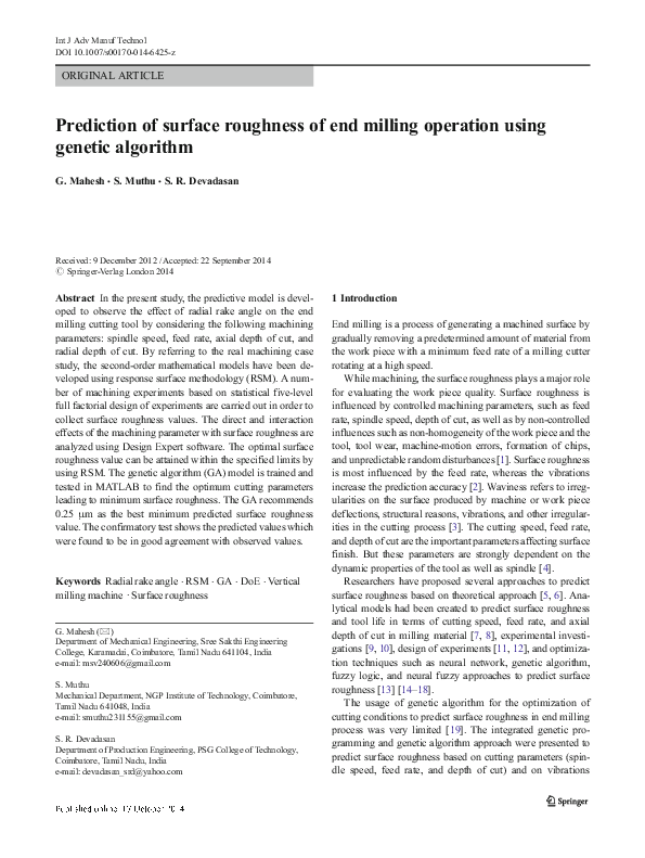 (PDF) Prediction of surface roughness of end milling operation using genetic algorithm