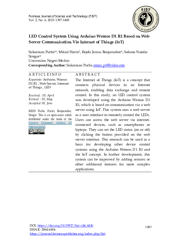 Pdf Led Control System Using Arduino Wemos D1 R1 Based On Web Server Communication Via