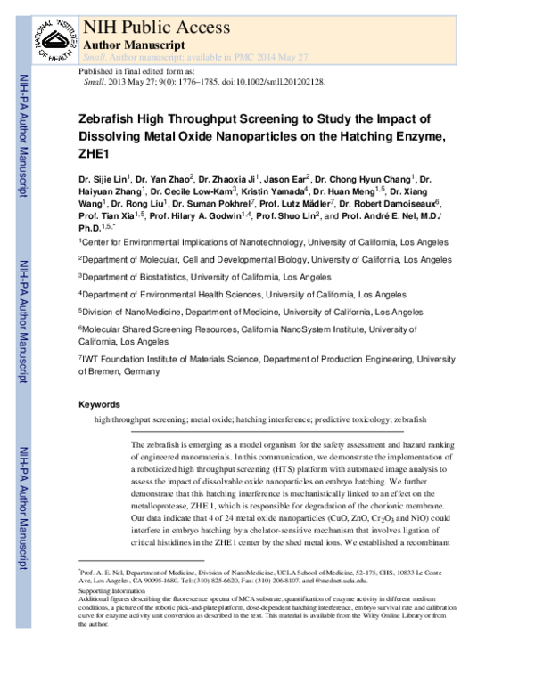 (PDF) Zebrafish High-Throughput Screening to Study the Impact of ...