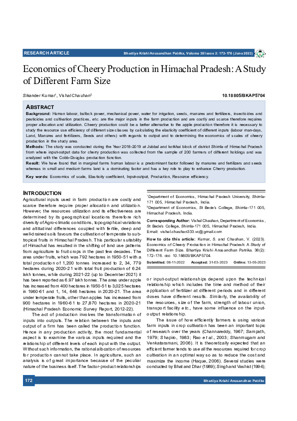 (PDF) Economics of Cheery Production in Himachal Pradesh: A Study of ...