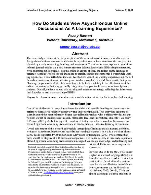 (PDF) How Do Students View Asynchronous Online Discussions As A Learning Experience? | Penny ...