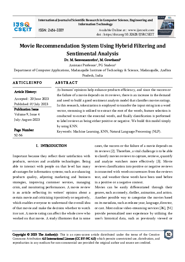 (PDF) Movie Recommendation System Using Hybrid Filtering and Sentimental Analysis