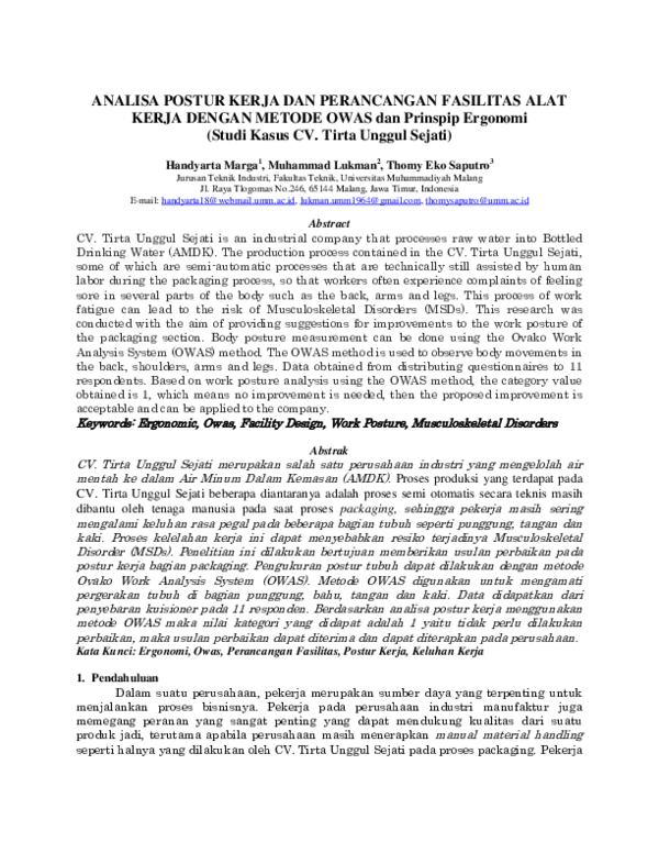 (PDF) ANALISA POSTUR KERJA DAN PERANCANGAN FASILITAS ALAT KERJA DENGAN ...