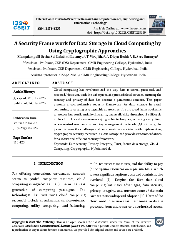 (PDF) A Security Frame work for Data Storage in Cloud Computing by Using Cryptographic Approaches