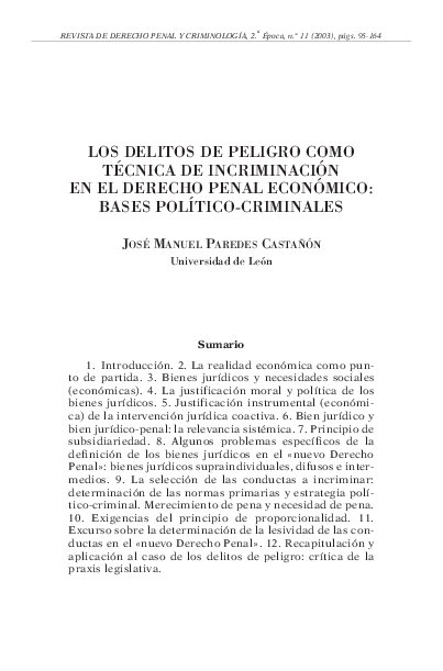 (PDF) Los delitos de peligro como técnicas de incriminación en el Derecho penal económico: bases ...