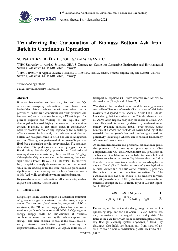 (PDF) Transferring the Carbonation of Biomass Bottom Ash from Batch to Continuous Operation