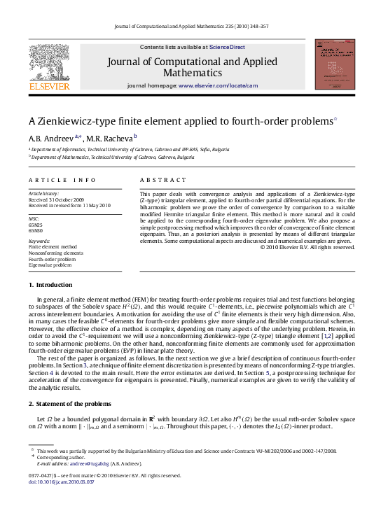 Pdf A Zienkiewicz Type Finite Element Applied To Fourth Order Problems Milena Racheva