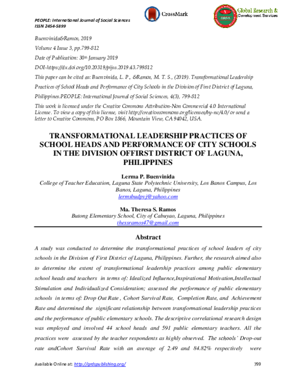 (PDF) Transformational Leadership Practices of School Heads and Performance of City Schools in ...