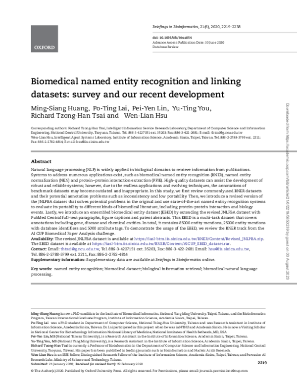 (PDF) Biomedical named entity recognition and linking datasets: survey and our recent development