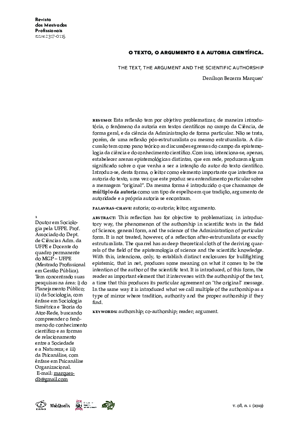 (PDF) O Texto, O Argumento e a Autoria Científica