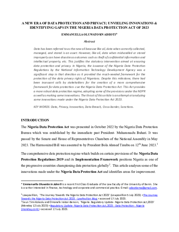 (PDF) A NEW ERA OF DATA PROTECTION AND PRIVACY; UNVIELING INNOVATIONS ...