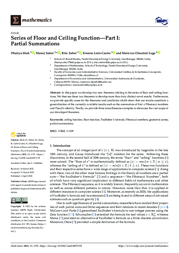 (PDF) Series of Floor and Ceiling Function—Part I: Partial Summations