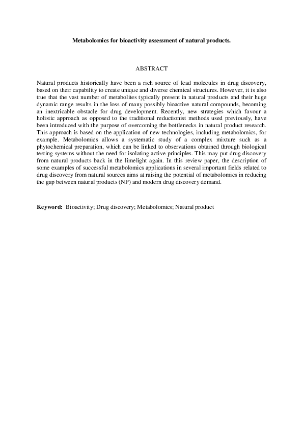 (PDF) Metabolomics for bioactivity assessment of natural products