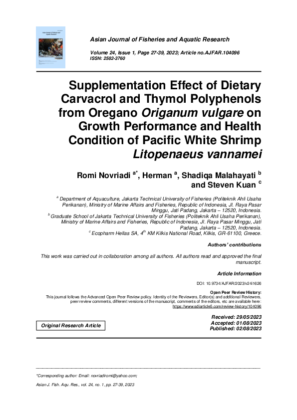 (PDF) Supplementation Effect of Dietary Carvacrol and Thymol ...