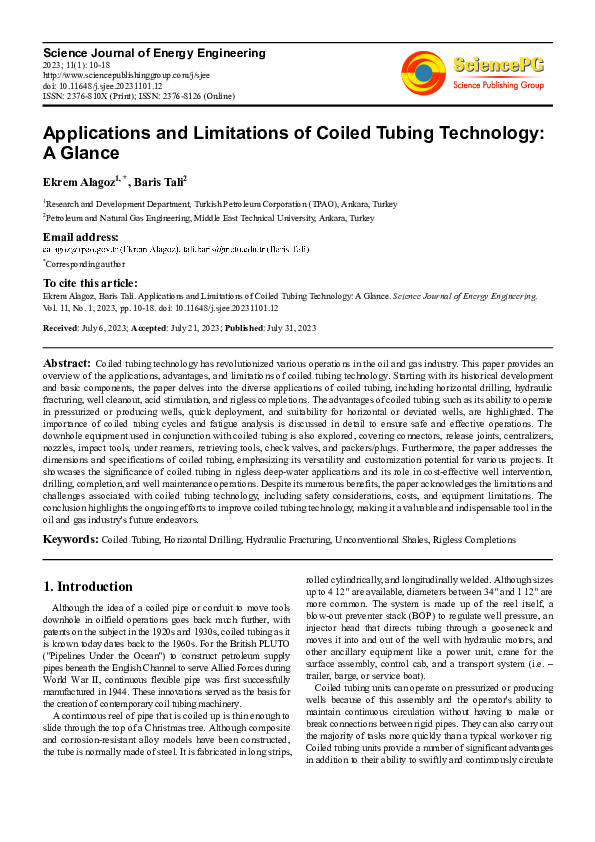 (PDF) Applications and Limitations of Coiled Tubing Technology: A Glance