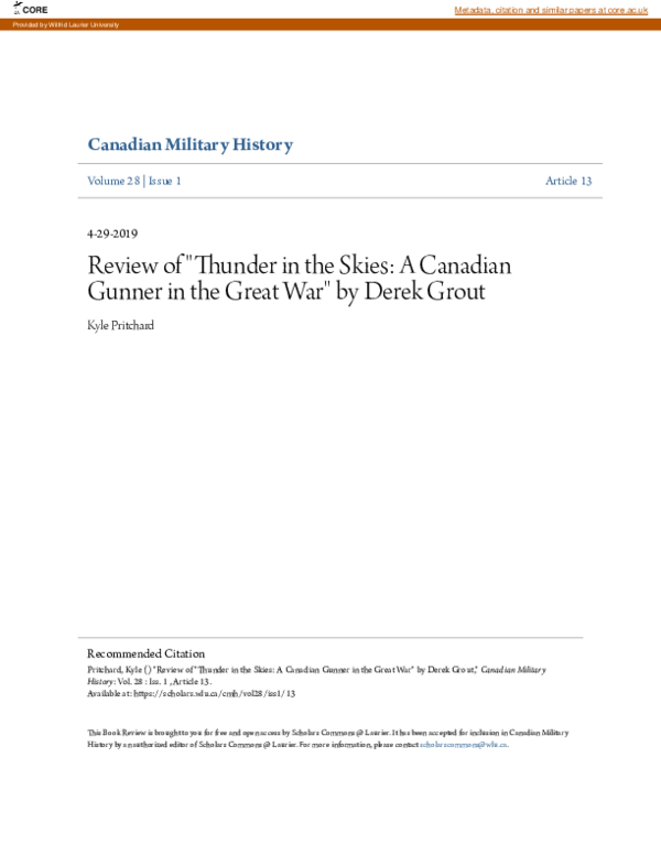 (PDF) Review of "Thunder in the Skies: A Canadian Gunner in the Great ...
