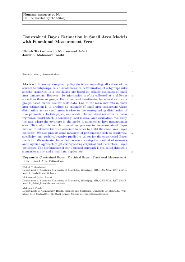 (PDF) Constrained Bayes estimation in small area models with functional measurement error