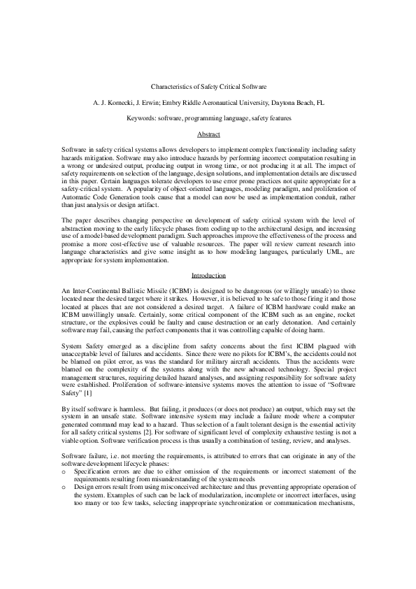 (PDF) Characteristics of Safety Critical Software