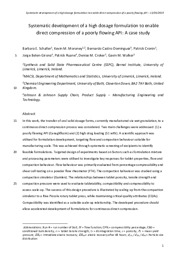 Pdf Systematic Development Of A High Dosage Formulation To Enable Direct Compression Of A