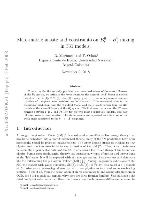 (PDF) Mass-matrix ansatz and constraints onBs0−B¯s0mixing in 331 models