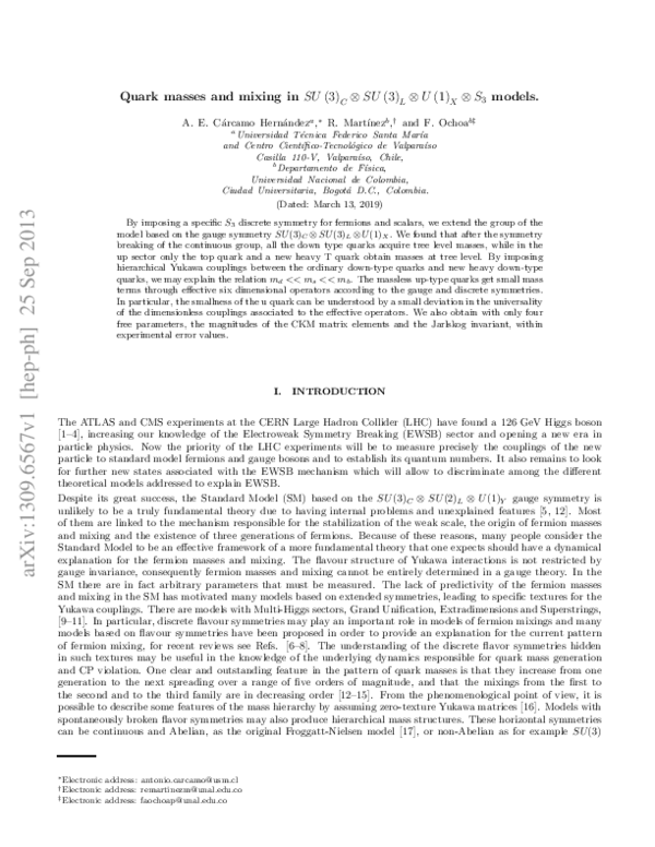 (PDF) Quark masses and mixing in $ SU\ left (3\ right) _ {C}\ otimes SU ...