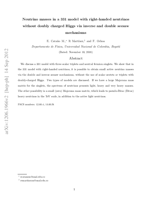 (PDF) Neutrino masses in a 331 model with right-handed neutrinos without doubly charged Higgs ...