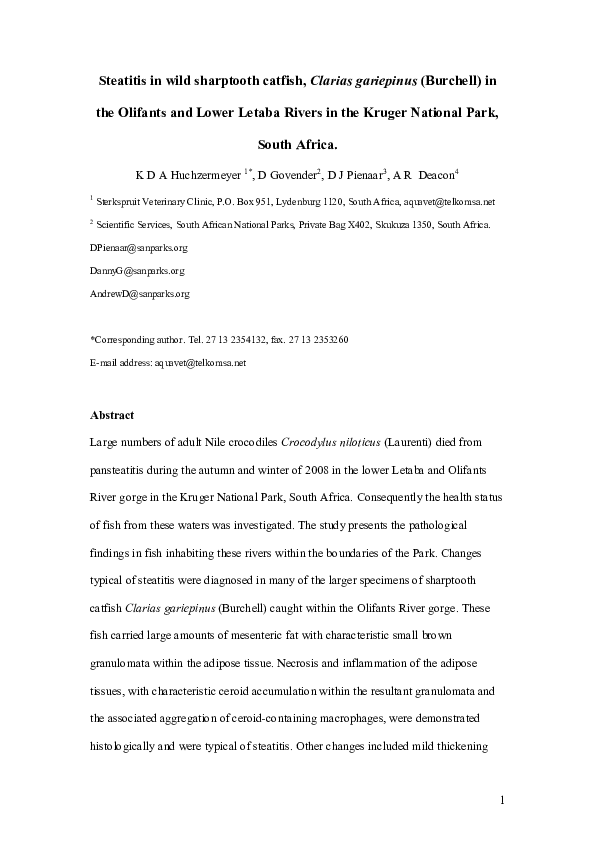 (PDF) Steatitis in wild sharptooth catfish, Clarias gariepinus ...