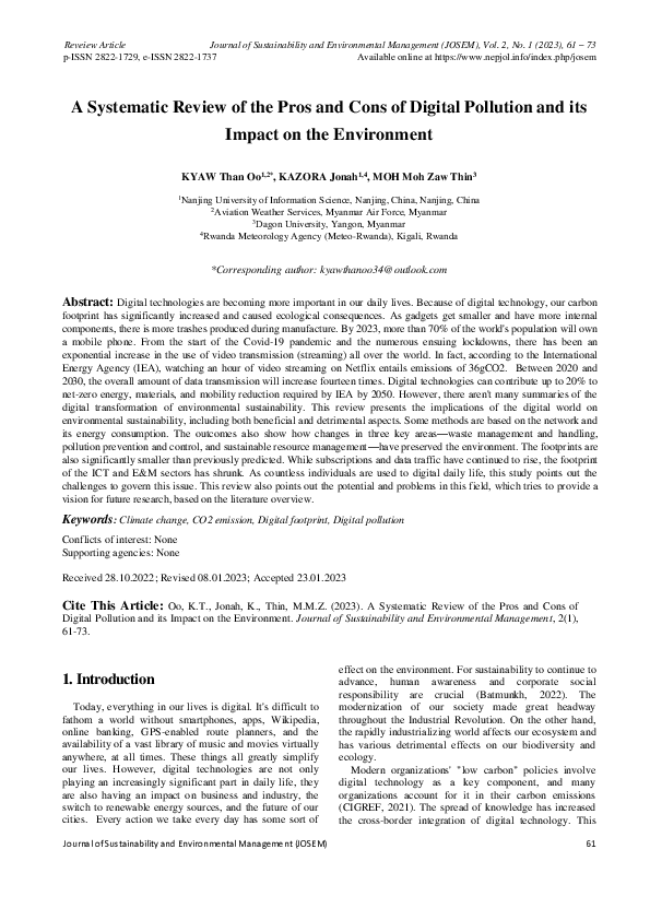 (PDF) A Systematic Review of the Pros and Cons of Digital Pollution and ...