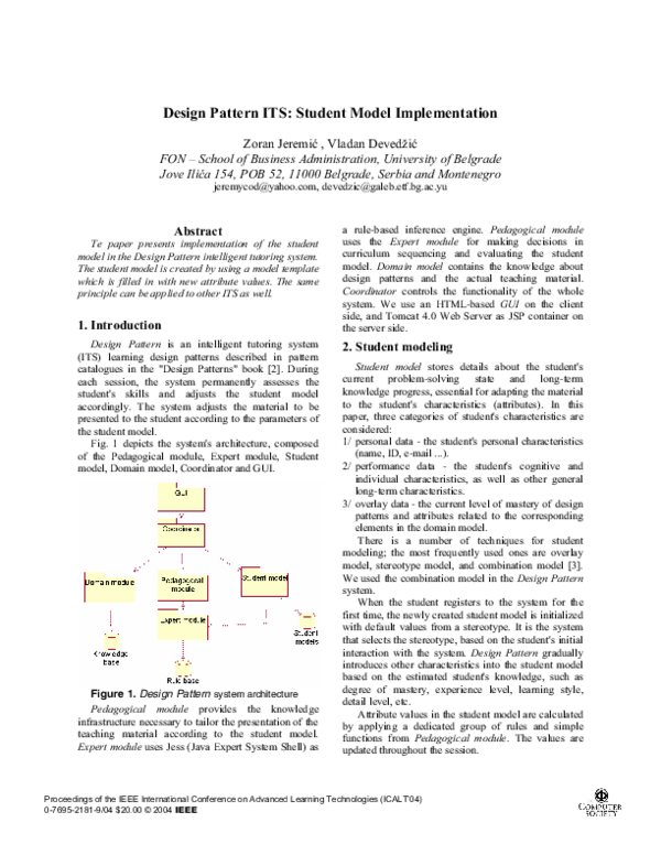 (PDF) Design pattern ITS: student model implementation
