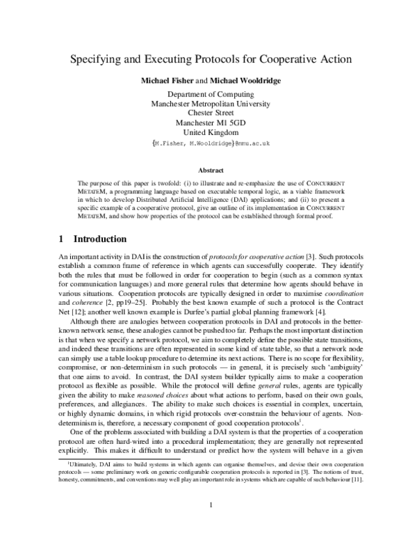 (PDF) Specifying and executing protocols for cooperative action | Michael Fisher - Academia.edu