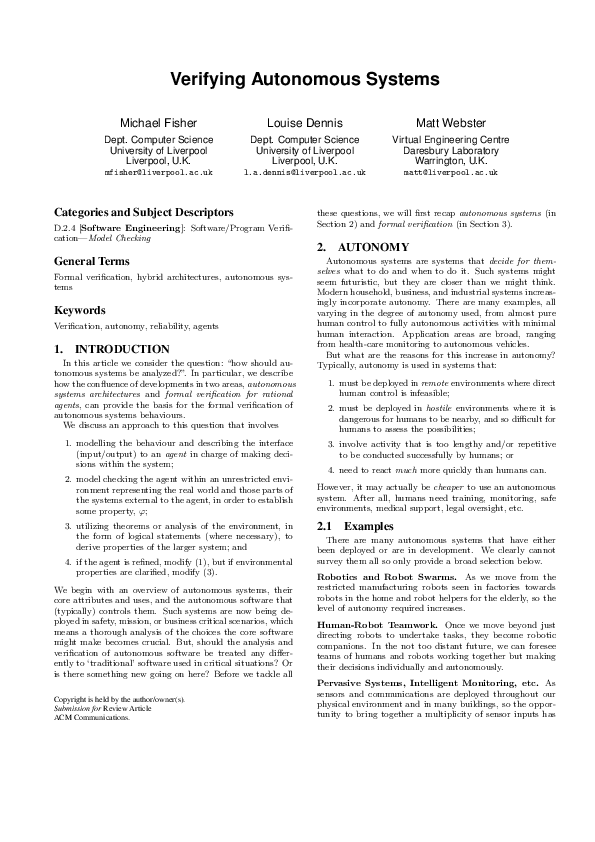 (PDF) Verifying autonomous systems