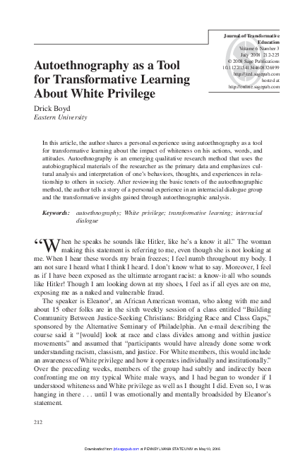 (PDF) Autoethnography as a Tool for Transformative Learning About White ...