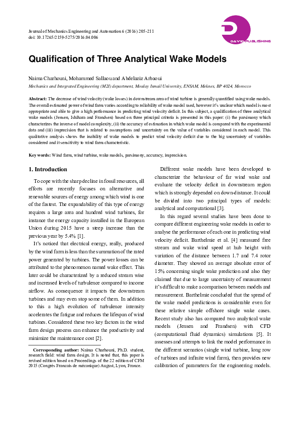 (PDF) Qualification of Three Analytical Wake Models