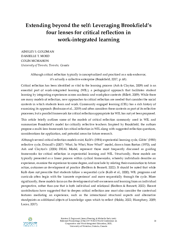 (PDF) Extending beyond the self: Leveraging Brookfield's four lenses for critical reflection in ...