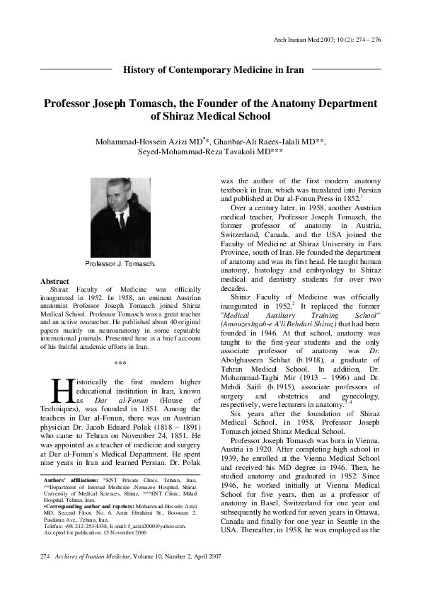 (PDF) Professor Joseph Tomasch, the founder of the anatomy department ...