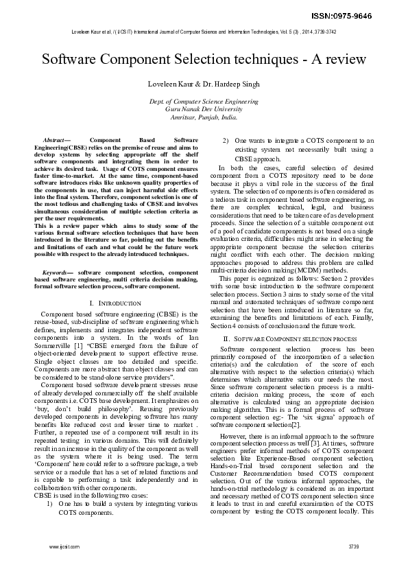 Pdf Software Component Selection Techniques A Review Loveleen Kaur 0627