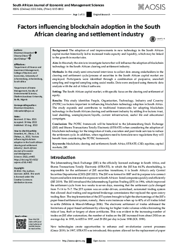 (PDF) Factors influencing blockchain adoption in the South African clearing and settlement industry